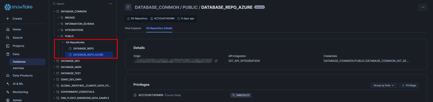 Snowflake Git Integration with Azure DevOps